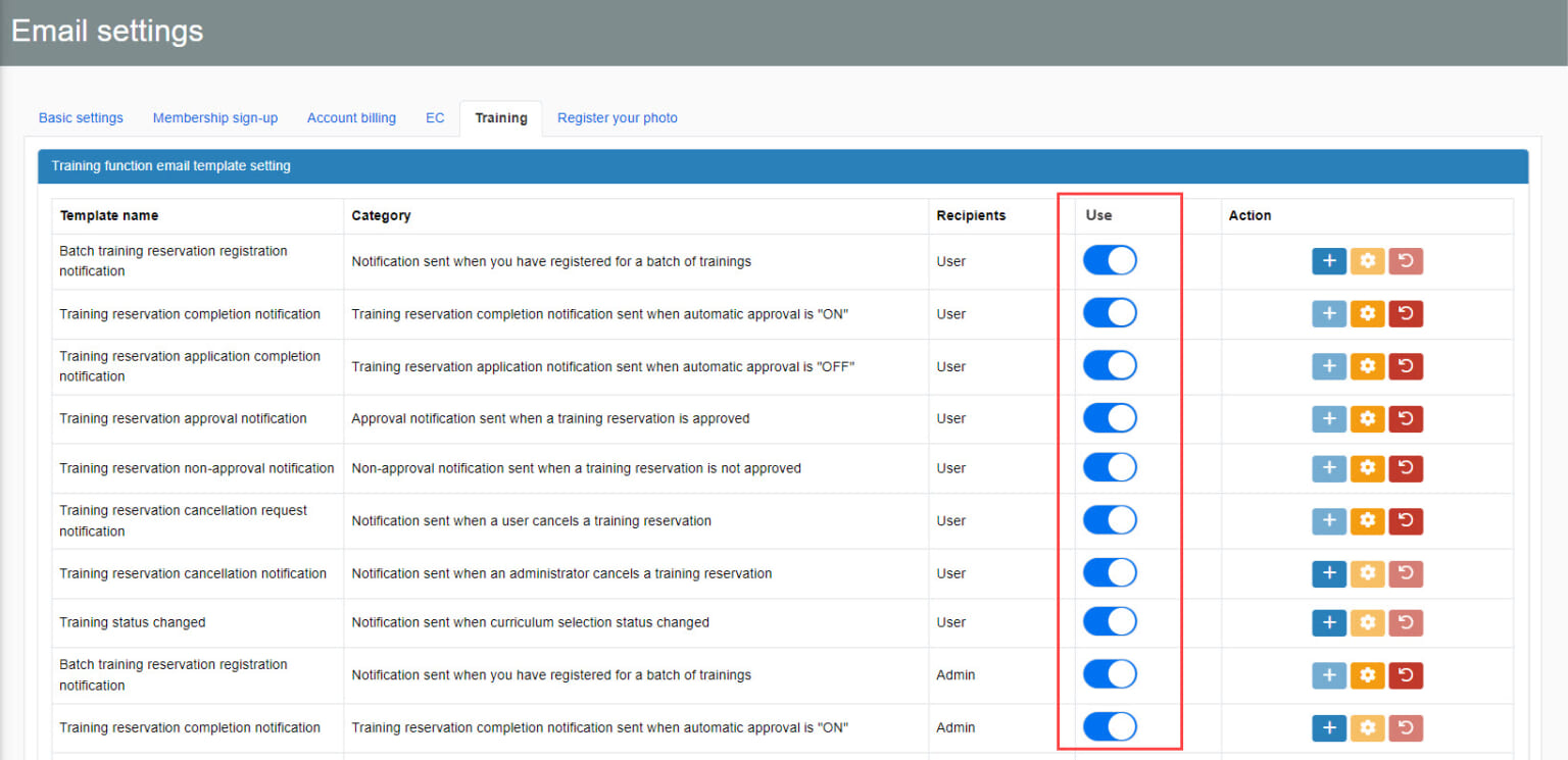 Email settings - Training function
